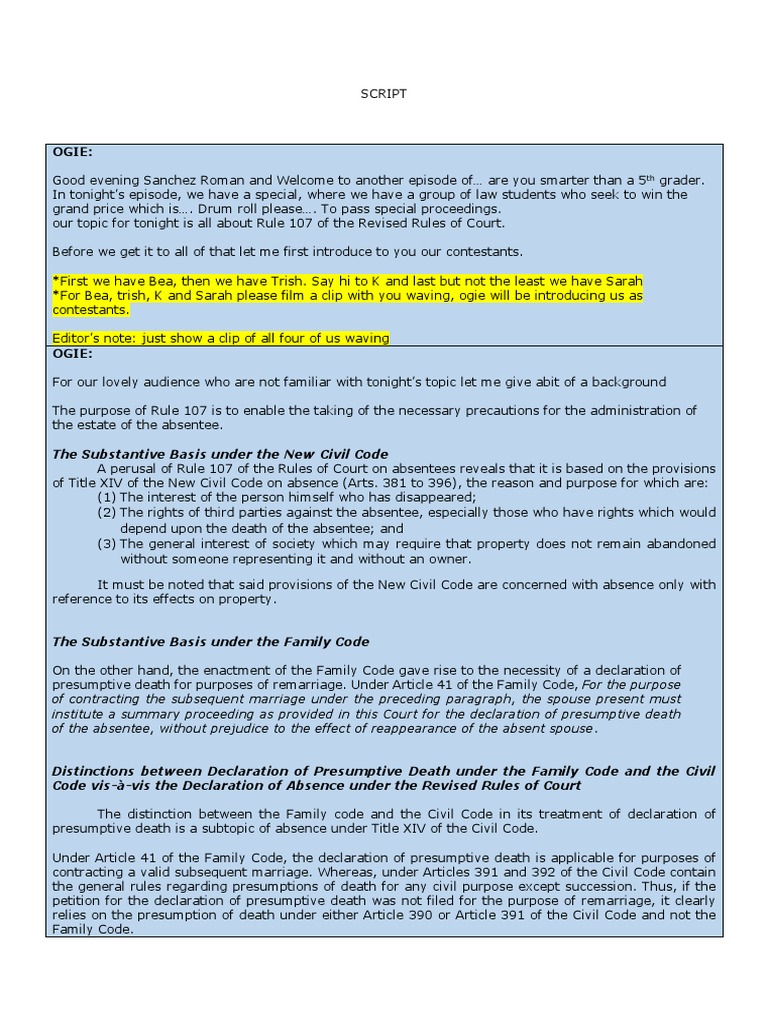 FINAL Specpro Script | PDF | Intestacy | Marriage