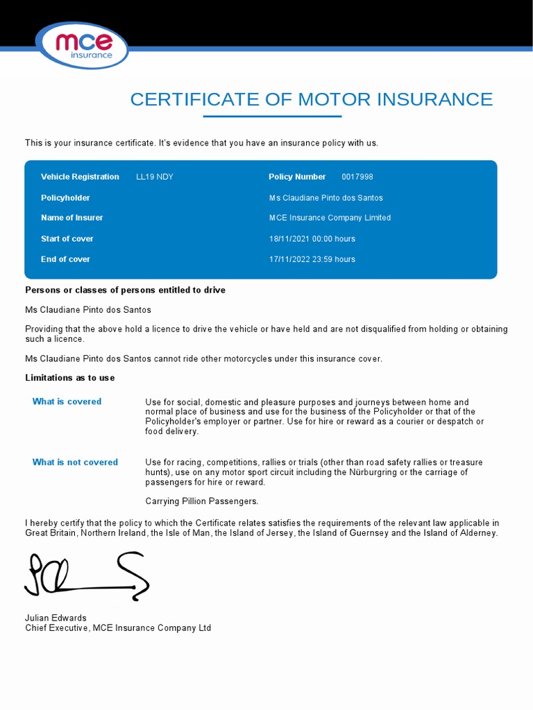 Certificate of Motor Insurance Details | PDF | Vehicle Insurance ...