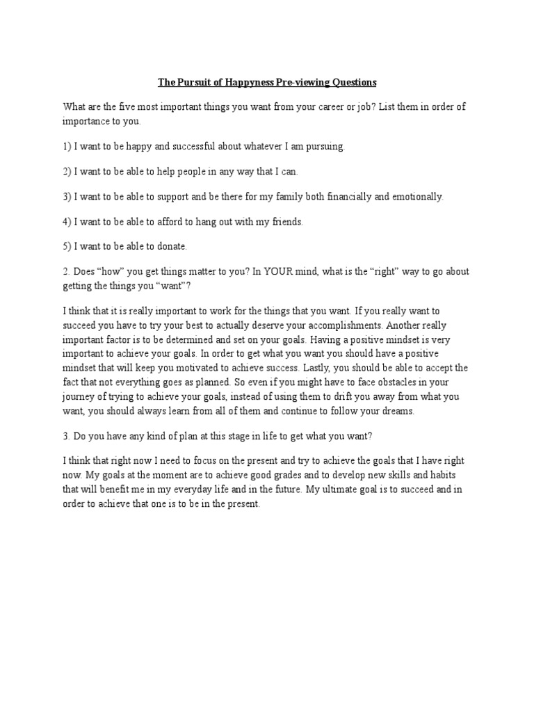 The Pursuit of Happyness Pre-Viewing Questions | PDF | Goal | Happiness
