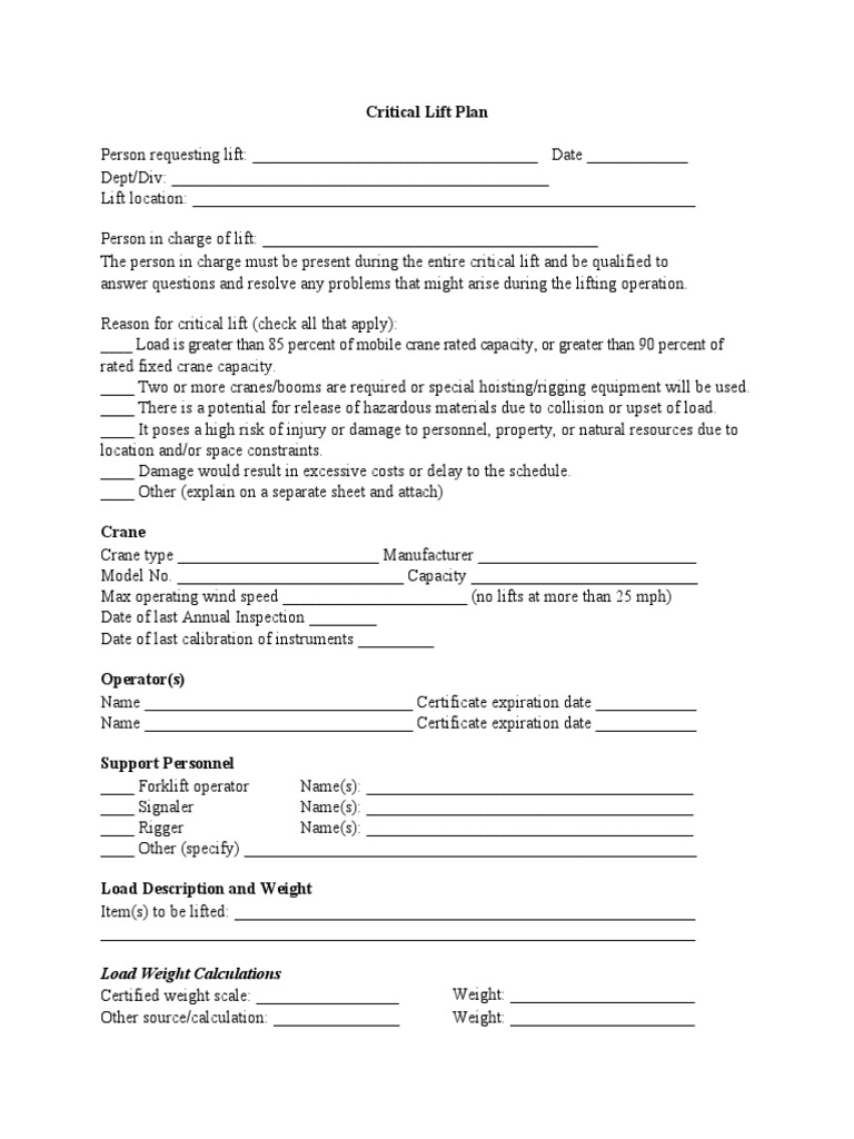 Critical Lift Plan: - Load Is Greater Than 85 Percent of Mobile Crane ...