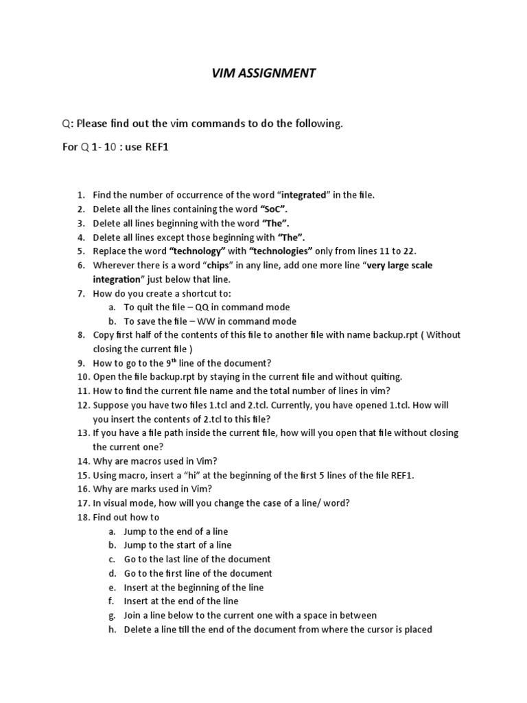Vim Assignment Q Please Find Out The Vim Commands To Do The Following For Q 1 10 Use Ref1 8992