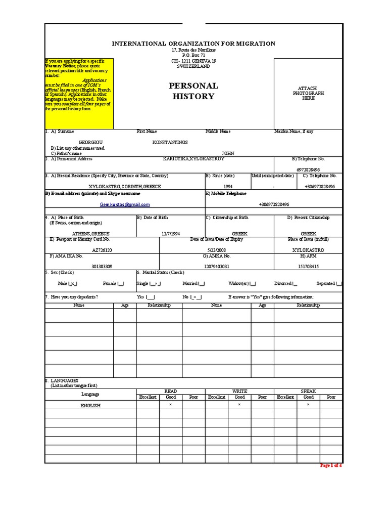 Personal History Form for IOM Application | PDF | Employment | Diploma