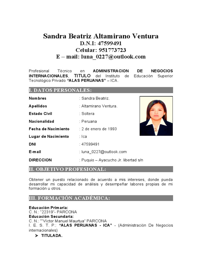 CV de Sandra Altamirano: Administradora | PDF