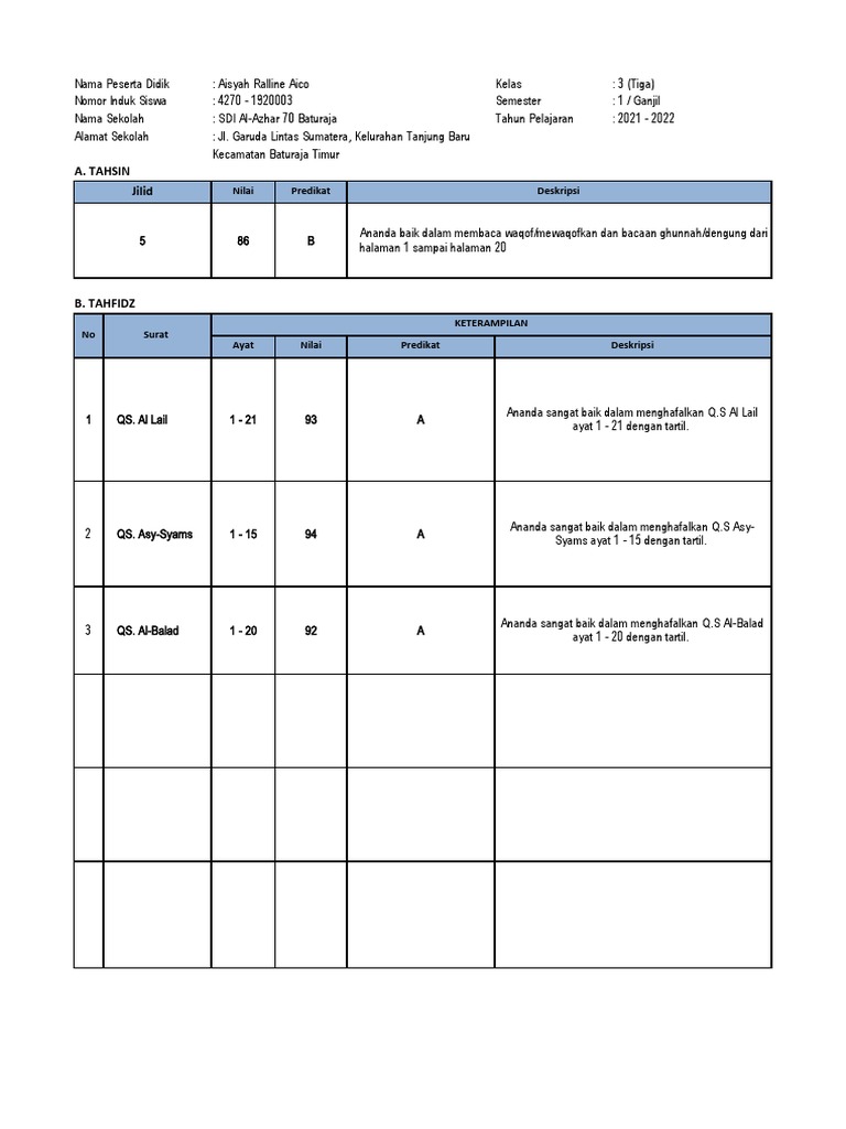 Raport Tahsin Dan Tahfidz Aisyah | PDF