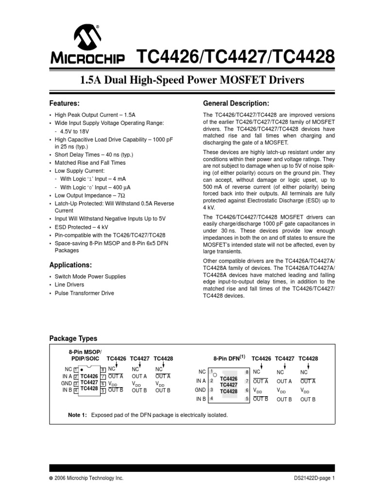 TC4426/TC4427/TC4428: 1.5A Dual High-Speed Power MOSFET Drivers | PDF ...