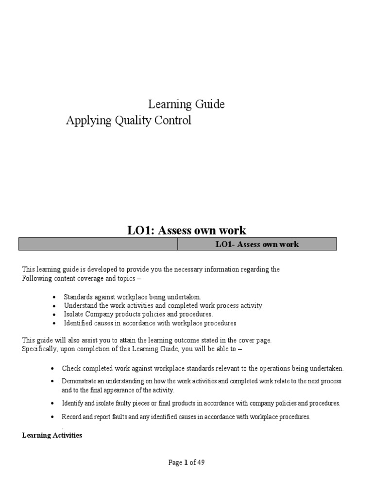 Learning Guide Applying Quality Control: LO1: Assess Own Work | PDF ...
