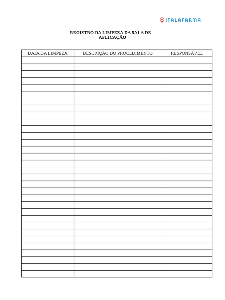 Planilha para Registro de Limpeza Da Sala de Aplicação | PDF ...
