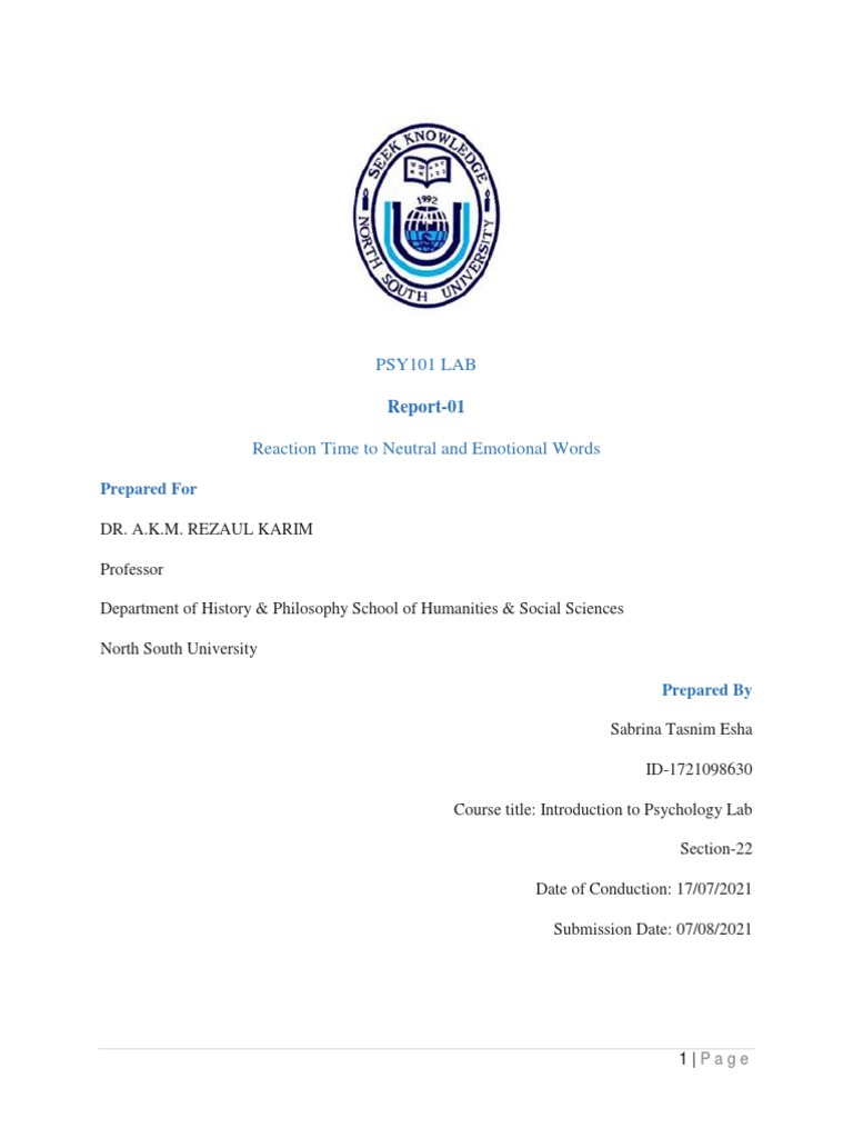 Lab Report 1 - Reaction Time To Emotional and Neutral Words | PDF | Mental Chronometry | Experiment