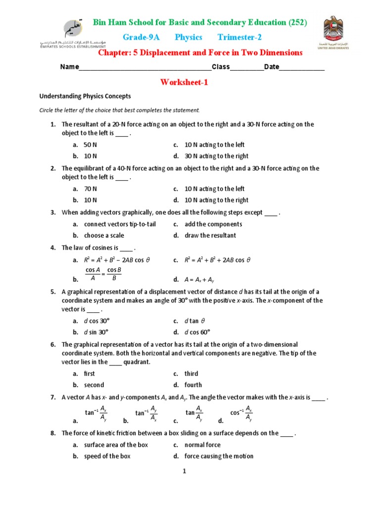 Displacement and Force in Two Dimensions-1 | PDF | Euclidean Vector ...