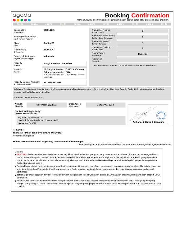 Confirmation Booking Agoda | PDF