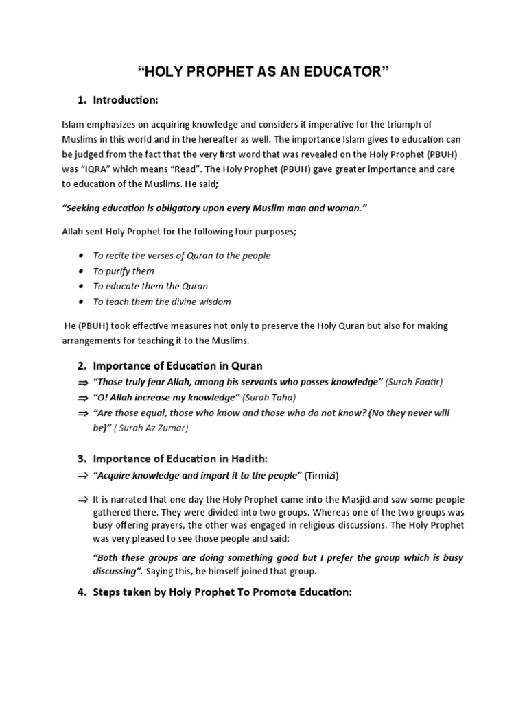 Holy Prophet As An Educator | PDF | Muhammad | Quran