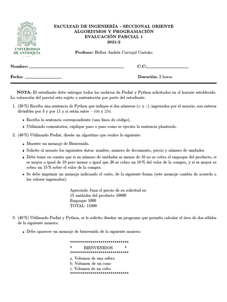 Parcial 1 Algoritmos Y Programación Pdf Python Lenguaje De Programación Algoritmos