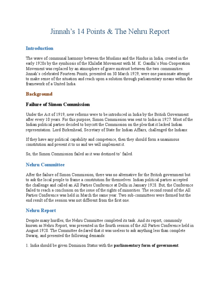 Jinnah's 14 Points & The Nehru Report: Background | PDF | Government ...