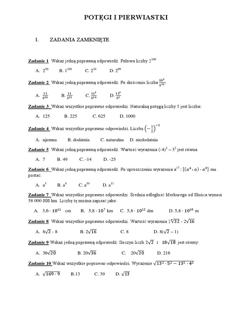 Potegi I Pierwiastki Zestaw 2 | PDF