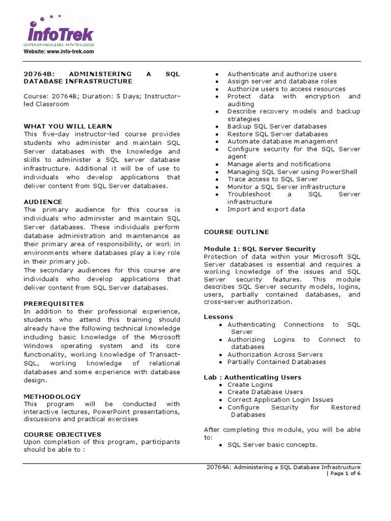 20764B Administering A SQL Database Infrastructure | PDF | Databases | Microsoft Sql Server