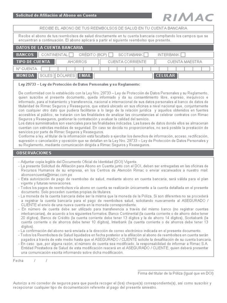 RIMAC Solicitud-Afiliacion-Abono-en-cuenta | PDF | Bancos | Privacidad de la información