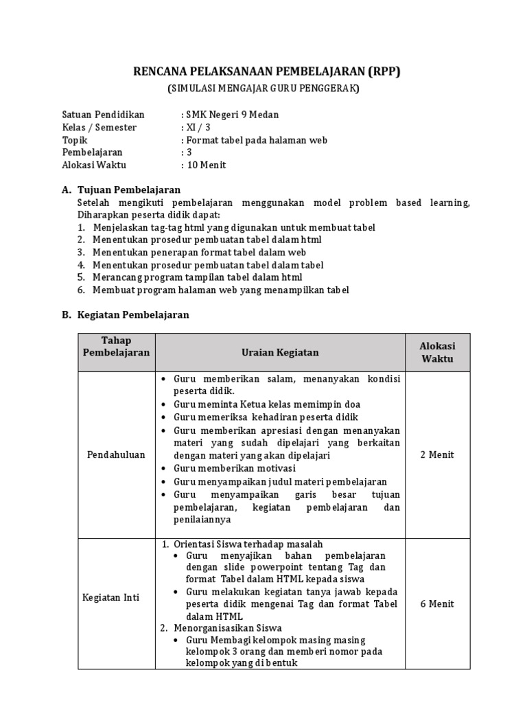 RPP Pembelajaran Format Tabel HTML | PDF