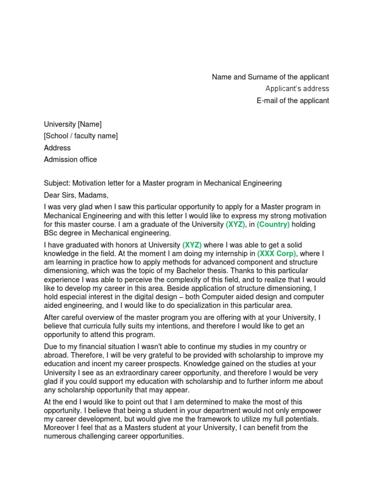 Motivation Letter Sample 1 | PDF | Master's Degree | Engineering