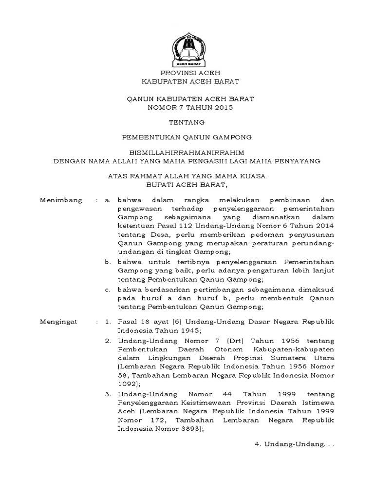 Qanun Nomor 7 Tahun 2015 Tentang Pembentukan Qanun Gampong | PDF