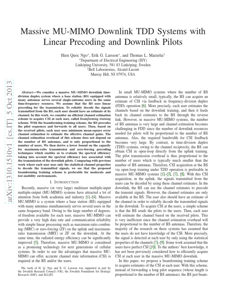 Massive MU-MIMO Downlink TDD Systems With Linear Precoding and Downlink Pilots | PDF | Duplex ...