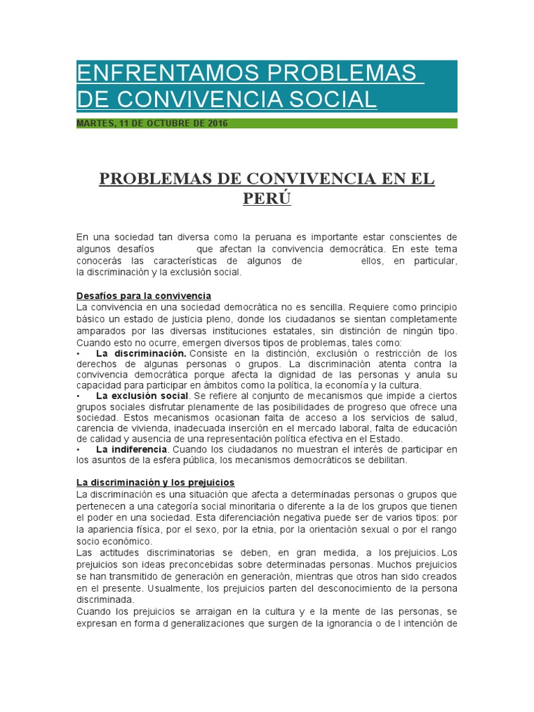 Enfrentamos Problemas De Convivencia Social Pdf Discriminación