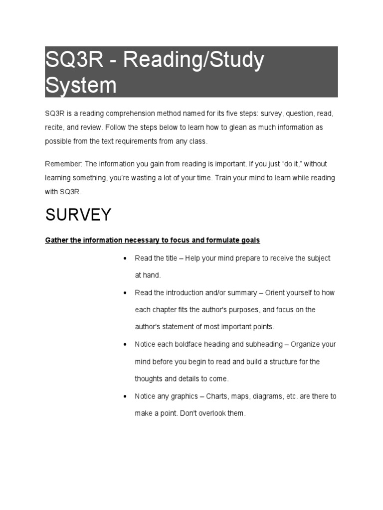 SQ3R - Reading/Study System: Survey | PDF | Mind | Memory