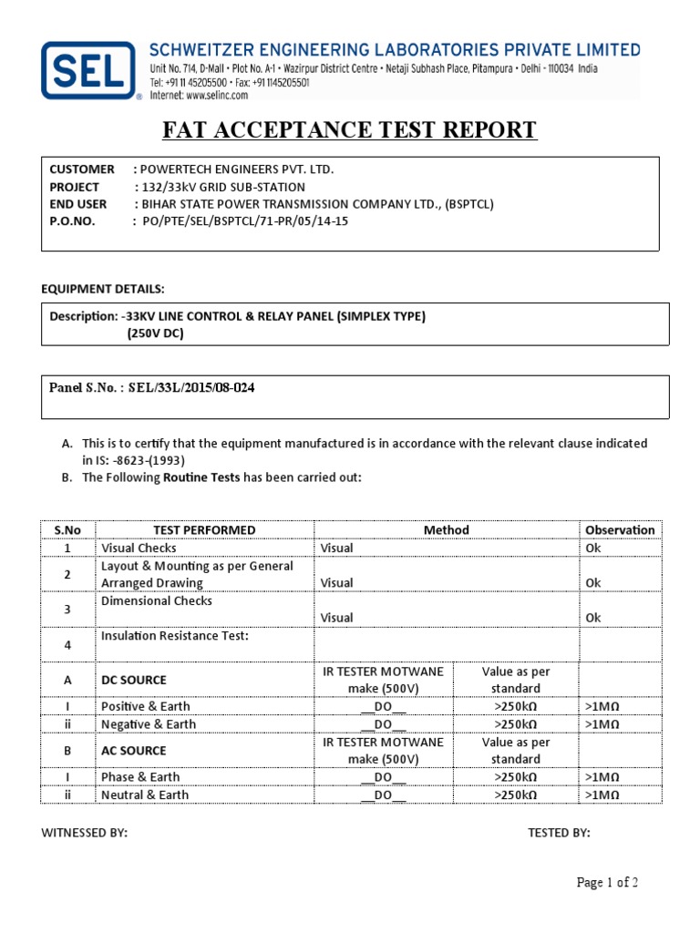 Fat Acceptance Test Report | PDF | Switch | Relay