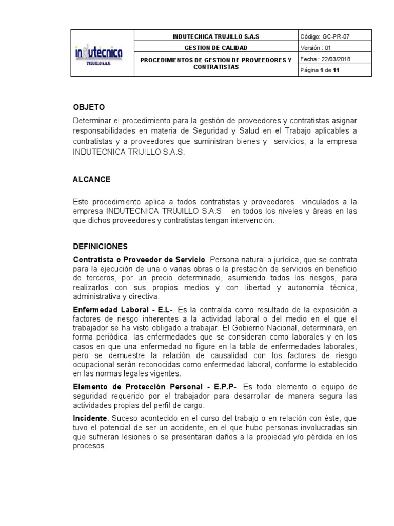 GC-PR-07 Procedimiento Gestion de Provedores y Contratistas | PDF ...