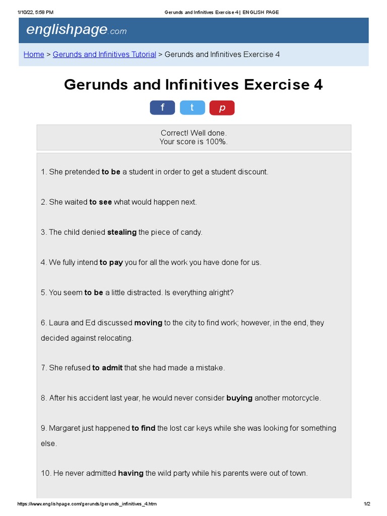Gerunds and Infinitives Exercise 4 - ENGLISH PAGE | PDF | Verb ...
