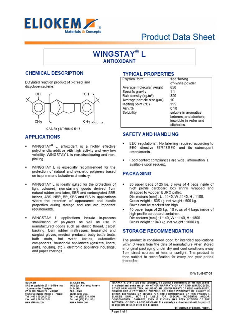 Wingstay L: Antioxidant Chemical Description Typical Properties ...