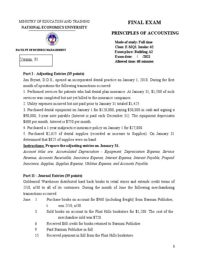 Final Exam Principles Of Accounting Pdf Expense Insurance