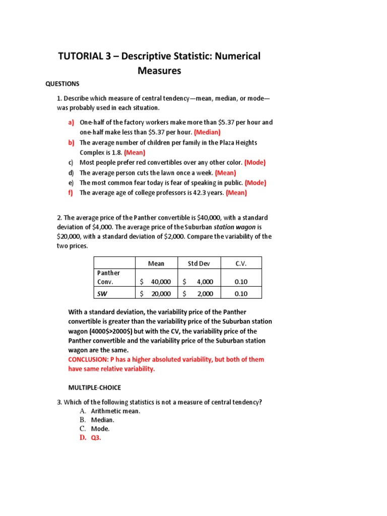 TUTORIAL 3 - Descriptive Statistic: Numerical Measures: A) (Median) B) (Mean) (Mode) (Mean ...