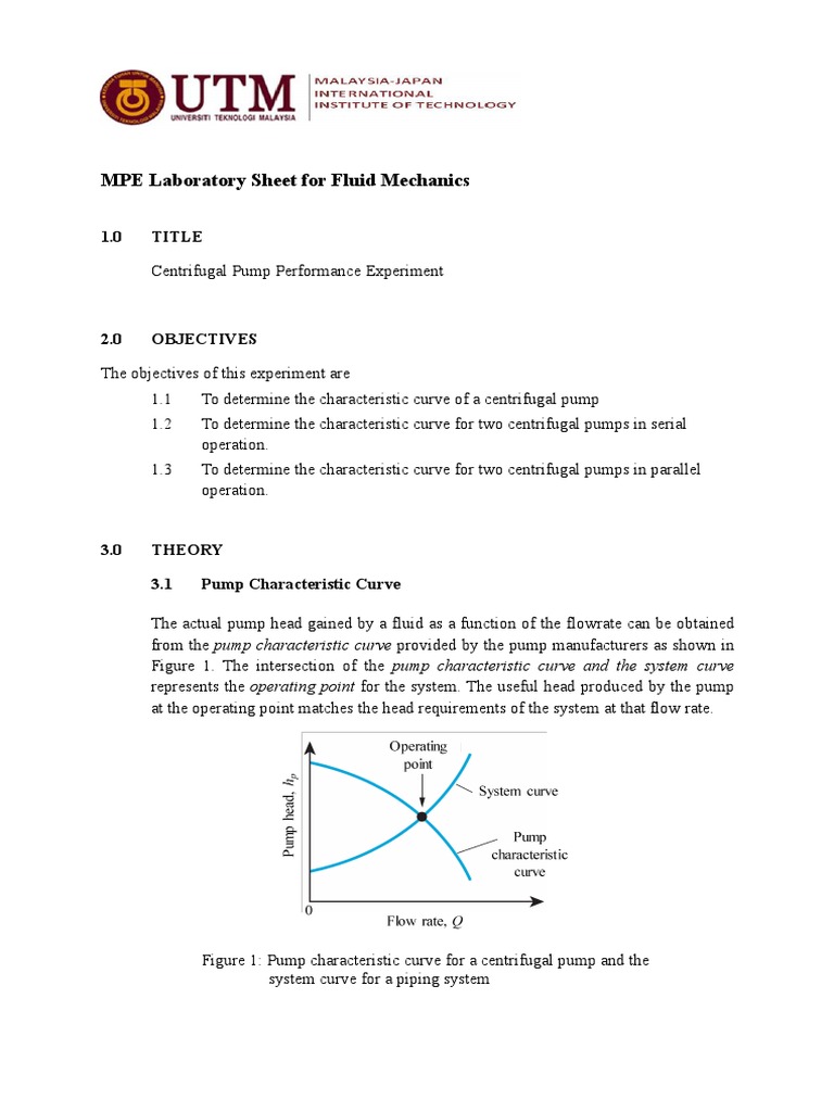 MPE Laboratory Sheet For Fluid Mechanics: 1.0 Title | PDF | Pump | Valve