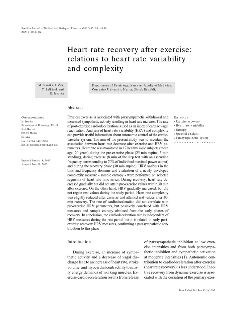 Heart Rate Recovery After Exercise: Relations To Heart Rate Variability ...