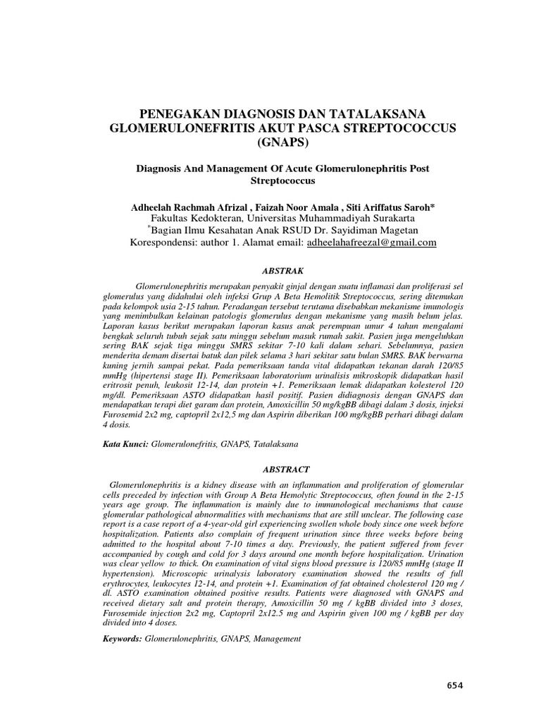 Penegakan Diagnosis Dan Tatalaksana Glomerulonefritis Akut Pasca Streptococcus (Gnaps) | PDF