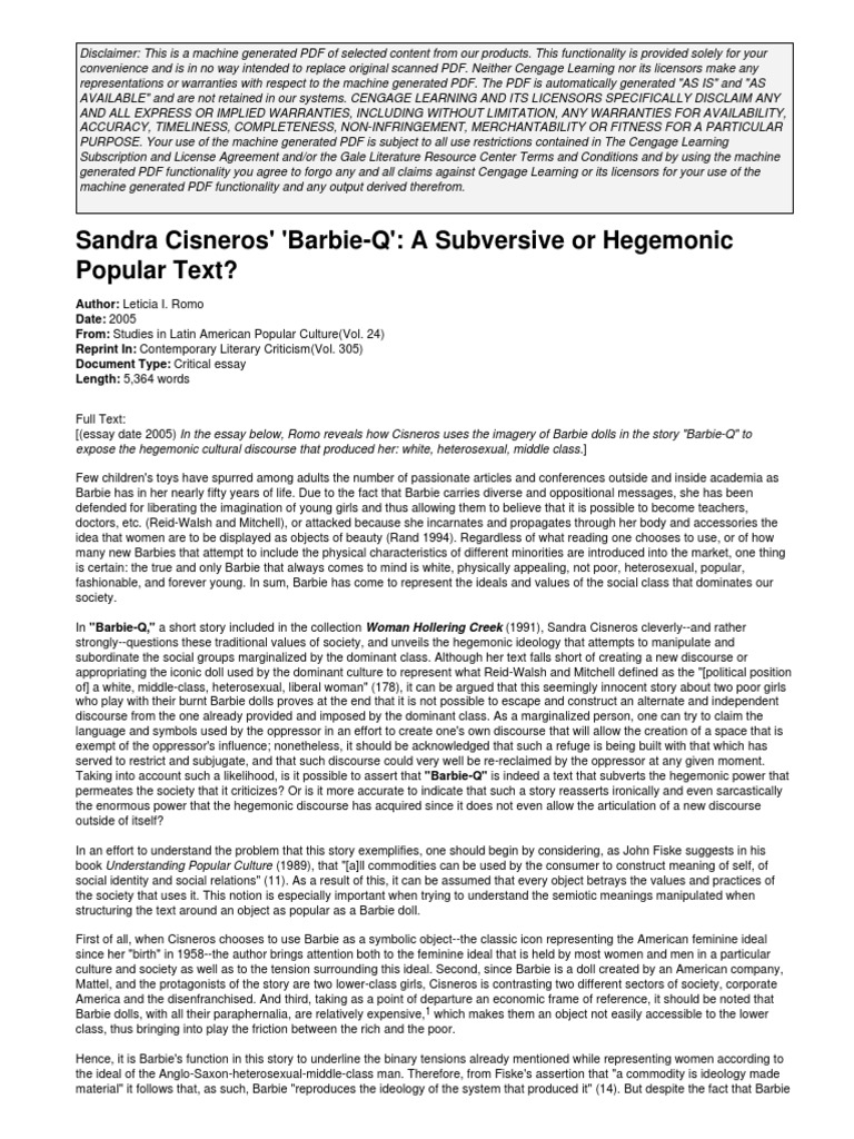 Sandra Cisneros' 'Barbie-Q': A Subversive or Hegemonic Popular Text ...