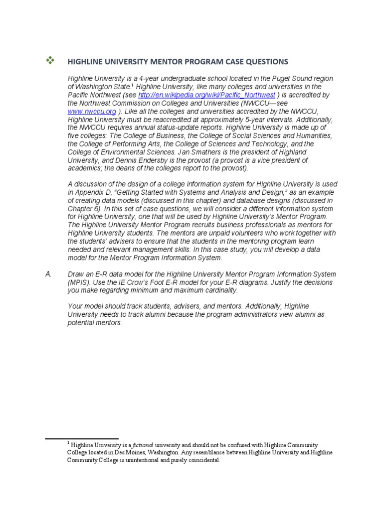 Highline University Mentor Program Case Questions | PDF | Information System | Mentorship