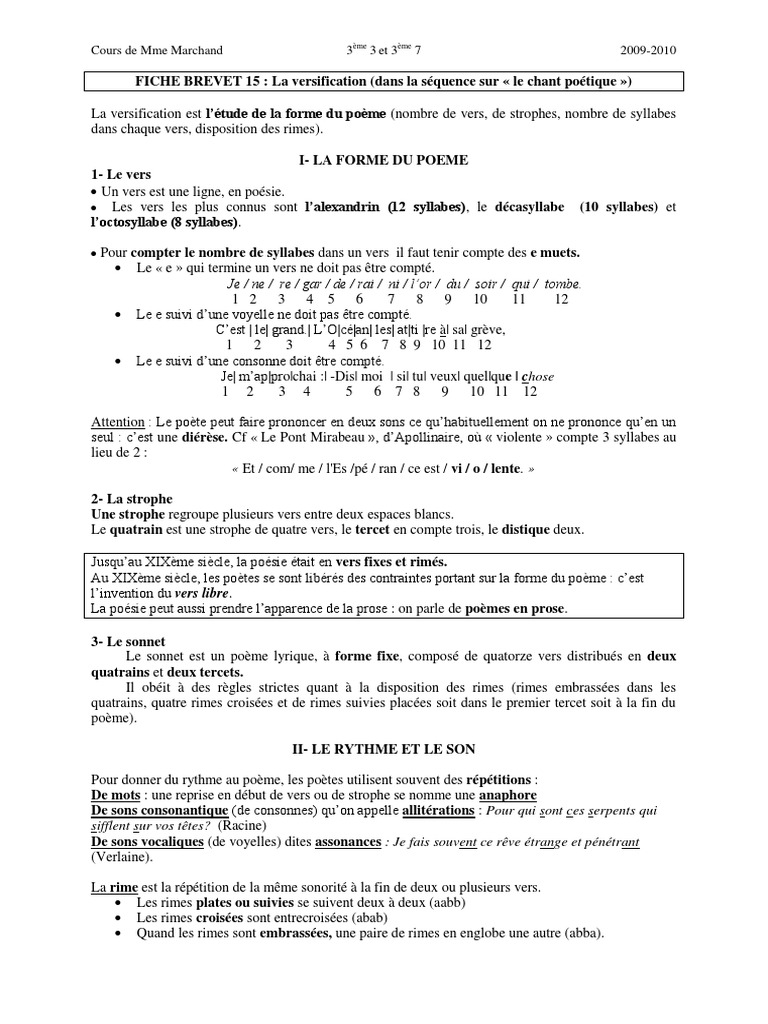 Fiche de révision : La versification poétique | PDF