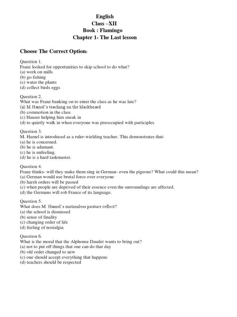 Understanding The Last Lesson: Answers To Comprehension Questions On ...