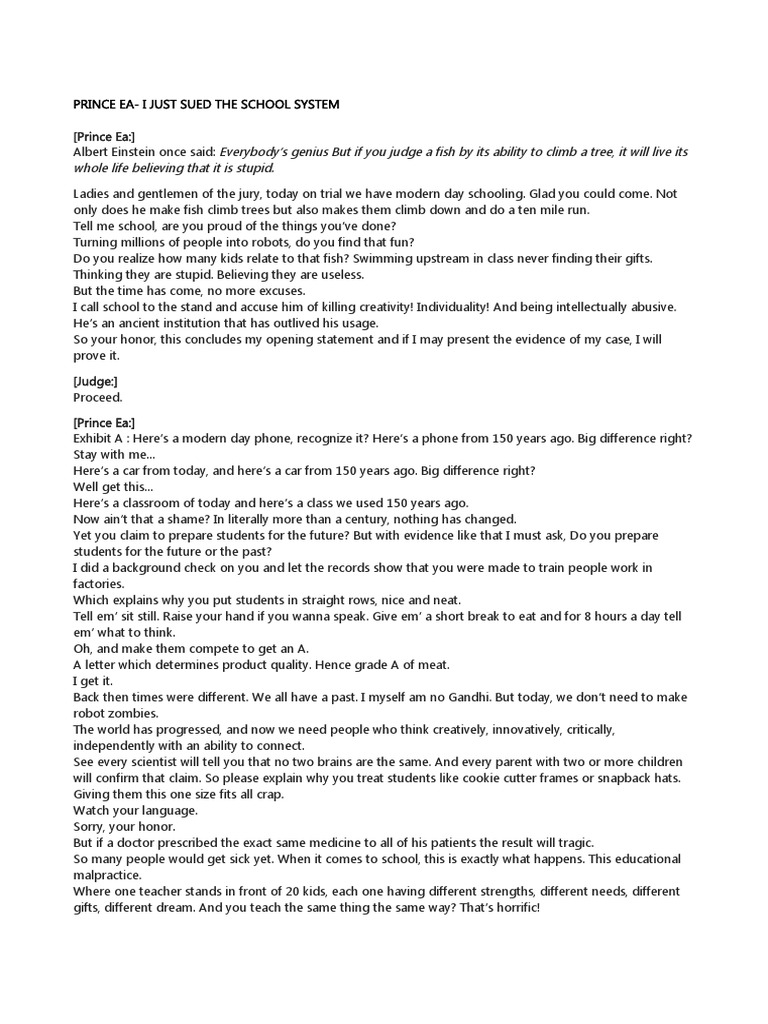 Prince Ea-I Just Sued The School System | PDF | Creativity | Reason