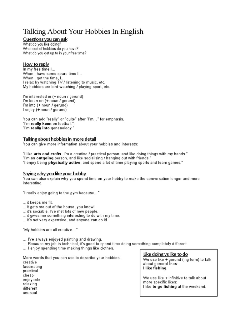 Discussing Hobbies in English | PDF