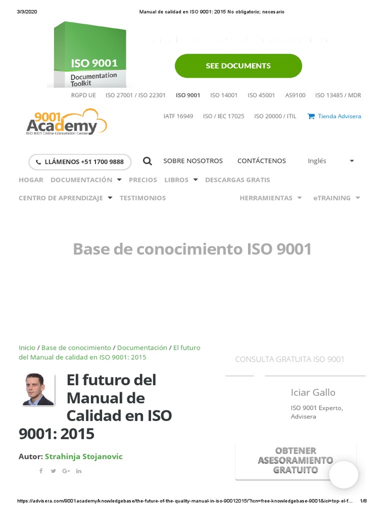 Manual de Calidad en ISO 9001 - 2015 No Obligatorio Necesario | PDF ...