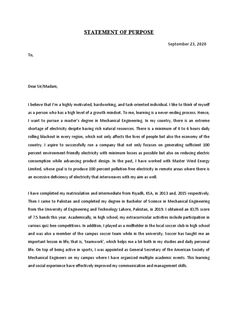 Statement of Purpose: September 23, 2020 | PDF | Engineering ...