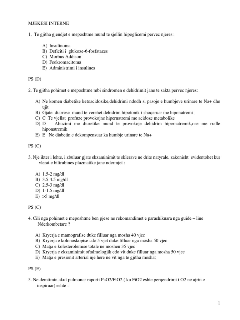 Pyetjet e Provimit Te Shtetit - Mjekesi e Pergjithshme | PDF