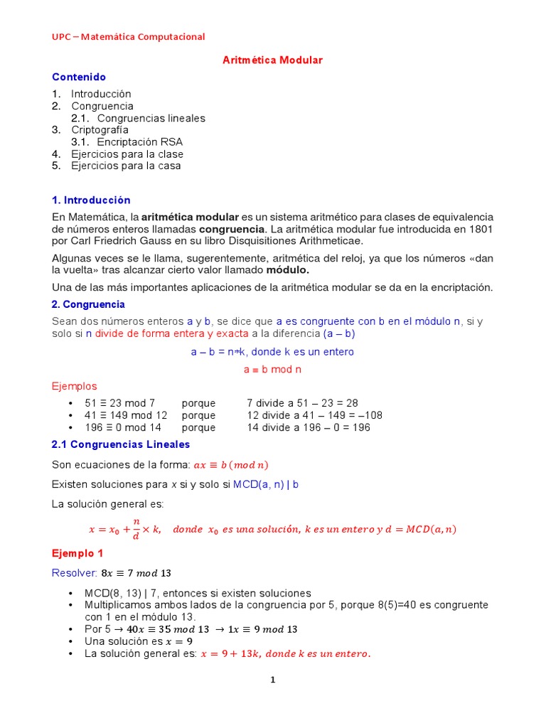 Aritmética Modular y RSA en Criptografía | PDF | Matemáticas | Criptografía