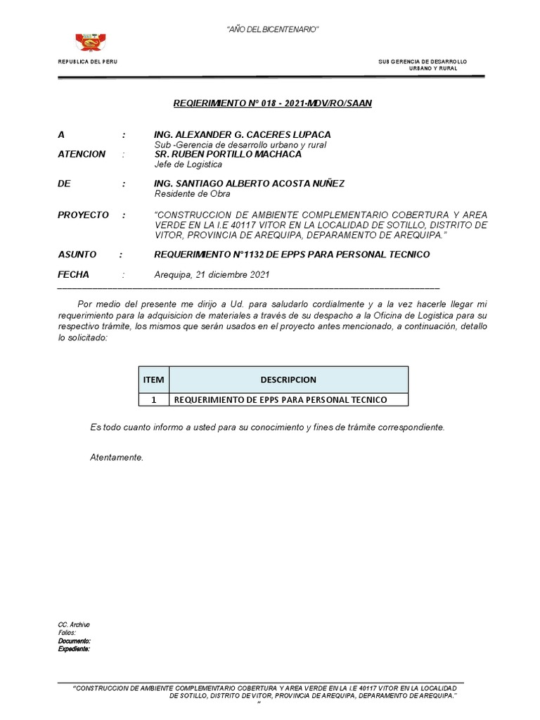 N°18 Requerimiento de Epps para Personal Tecnico | PDF | Hormigón | Metrología