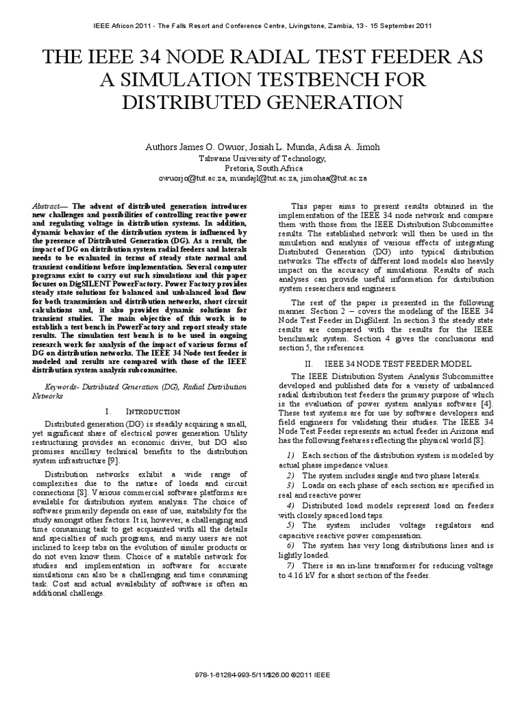 The Ieee 34 Node Radial Test Feeder As A Simulation Testbench For ...