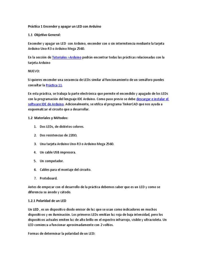 Práctica 1 Encender y Apagar Un LED Con Arduino | PDF | Arduino | Diodo emisor de luz