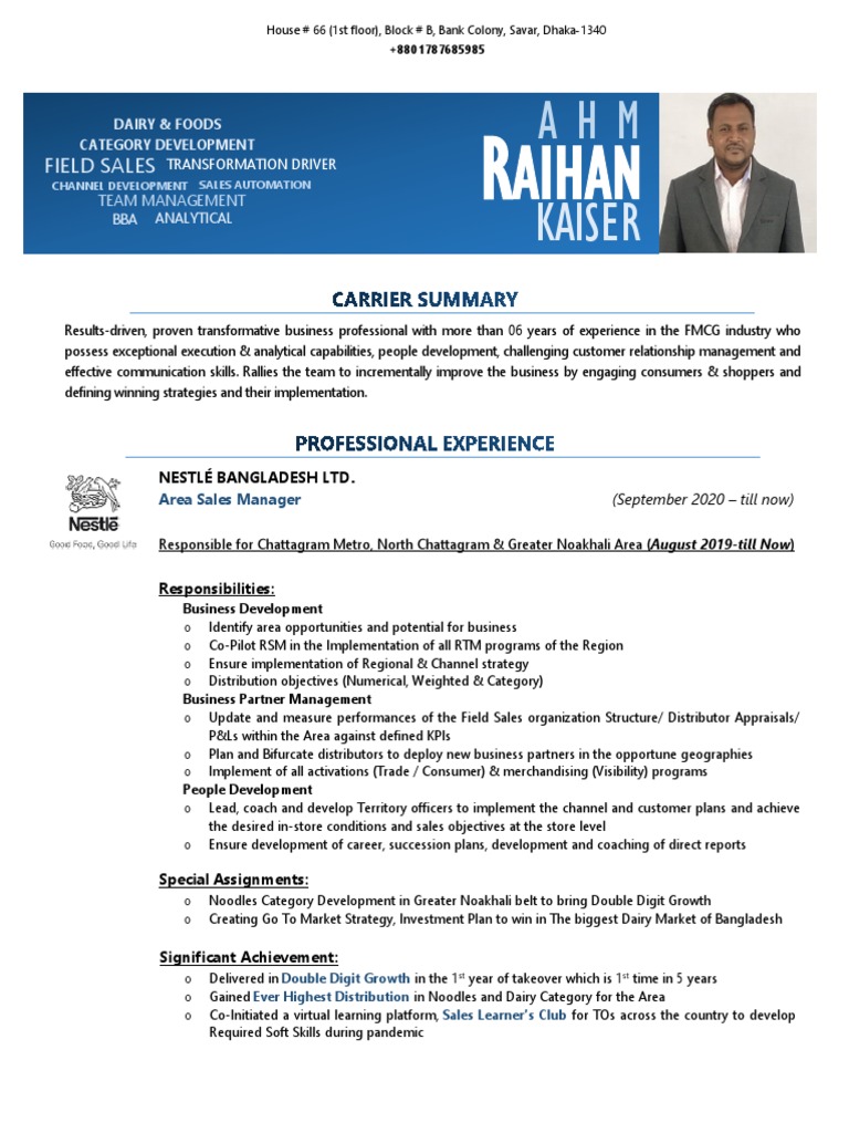 A H M Raihan Kaiser - CV | Download Free PDF | Sales | Nestlé