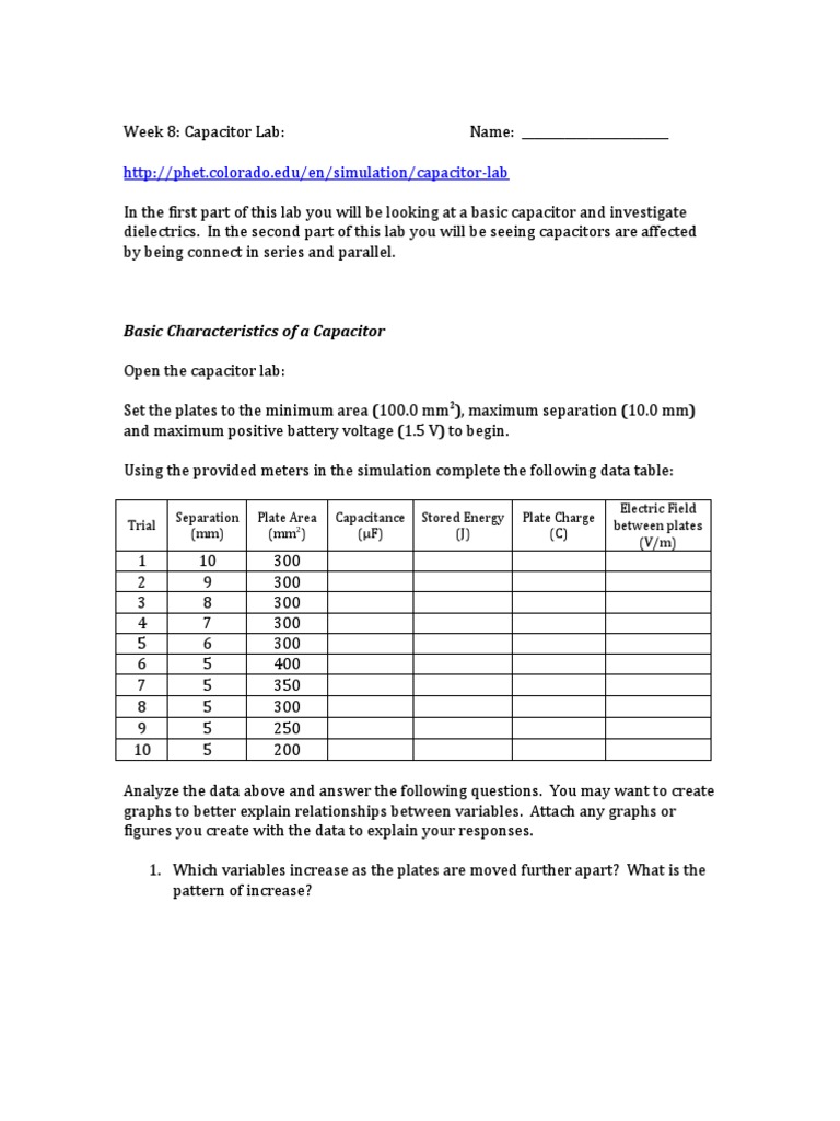 Week 8 Lab - Capacitors | PDF | Capacitor | Capacitance